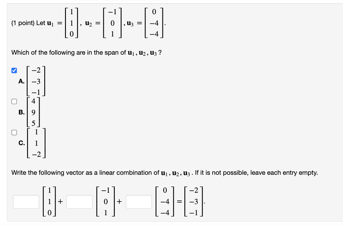 Solved (1 point) Let u₁ = -0--6--8 = = -4 1 Which of the | Chegg.com