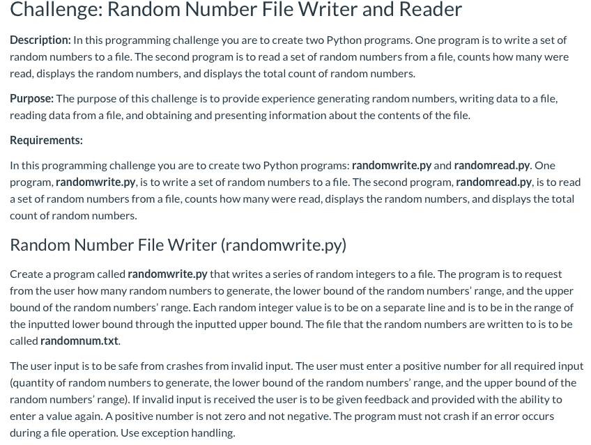 Challenge Random Number File Writer And Reader 