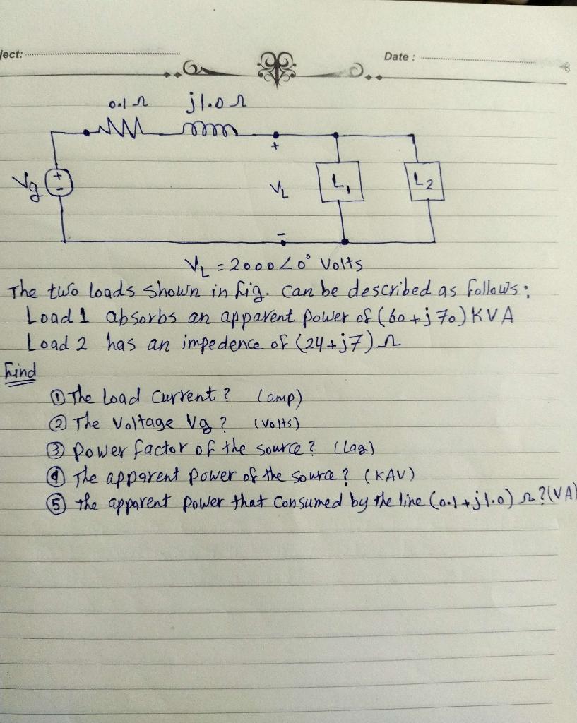 Solved VL=2000∠0∘ Volts The two loads shown in fig. can be | Chegg.com