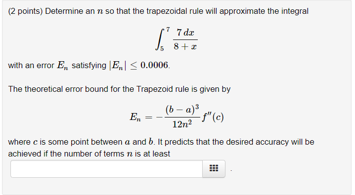 Solved ( 2 ﻿points) ﻿Determine an n ﻿so that the trapezoidal | Chegg.com