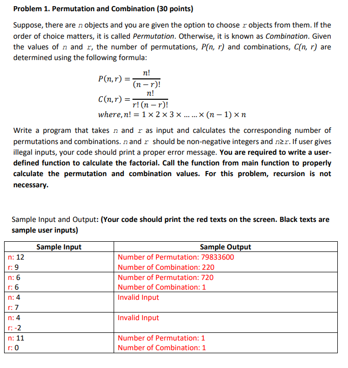 Solved Problem 1. Permutation and Combination (30 points) | Chegg.com