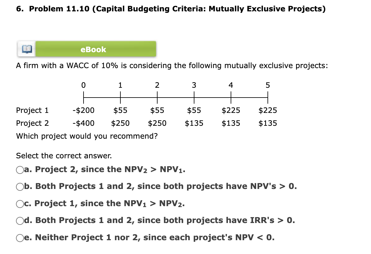 Solved 6. Problem 11.10 (Capital Budgeting Criteria: | Chegg.com