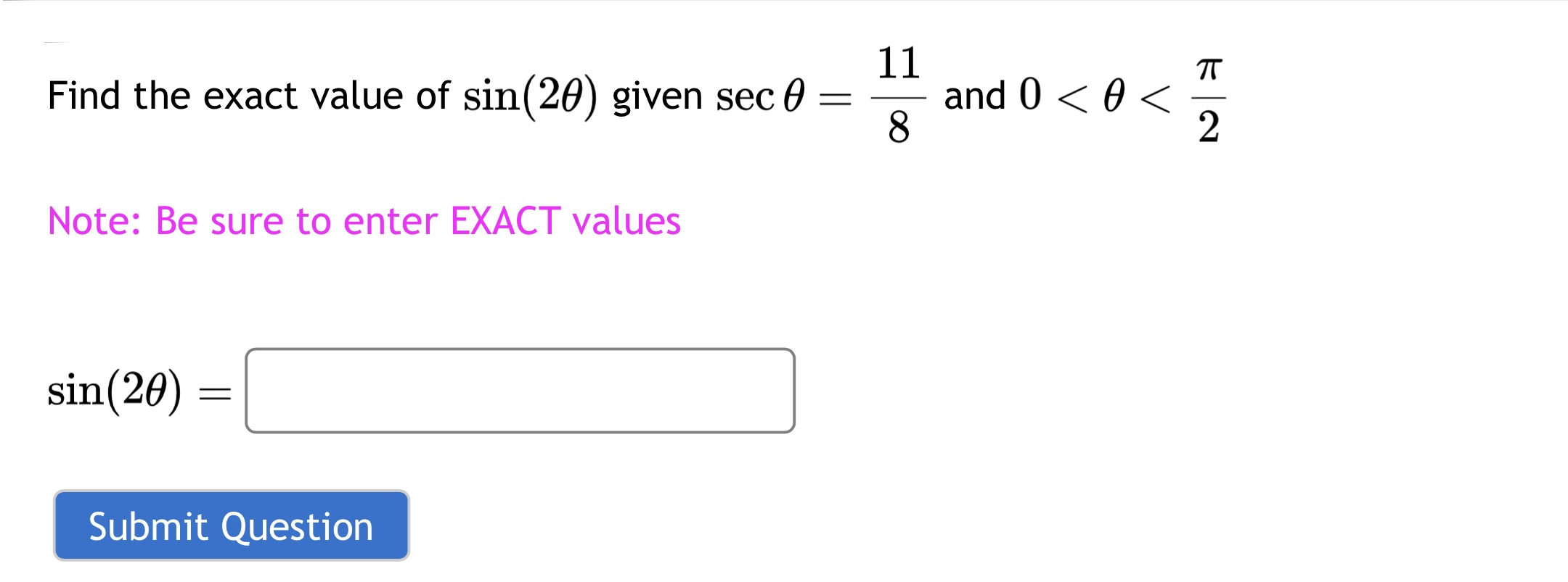 Solved Find the exact value of \\( \\sin (2 \\theta) \\) | Chegg.com