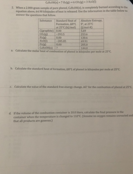 Solved CaHsOH(s) + 7 Oz(g) → 6 CO2(g) + 3 H2O(l) equation | Chegg.com