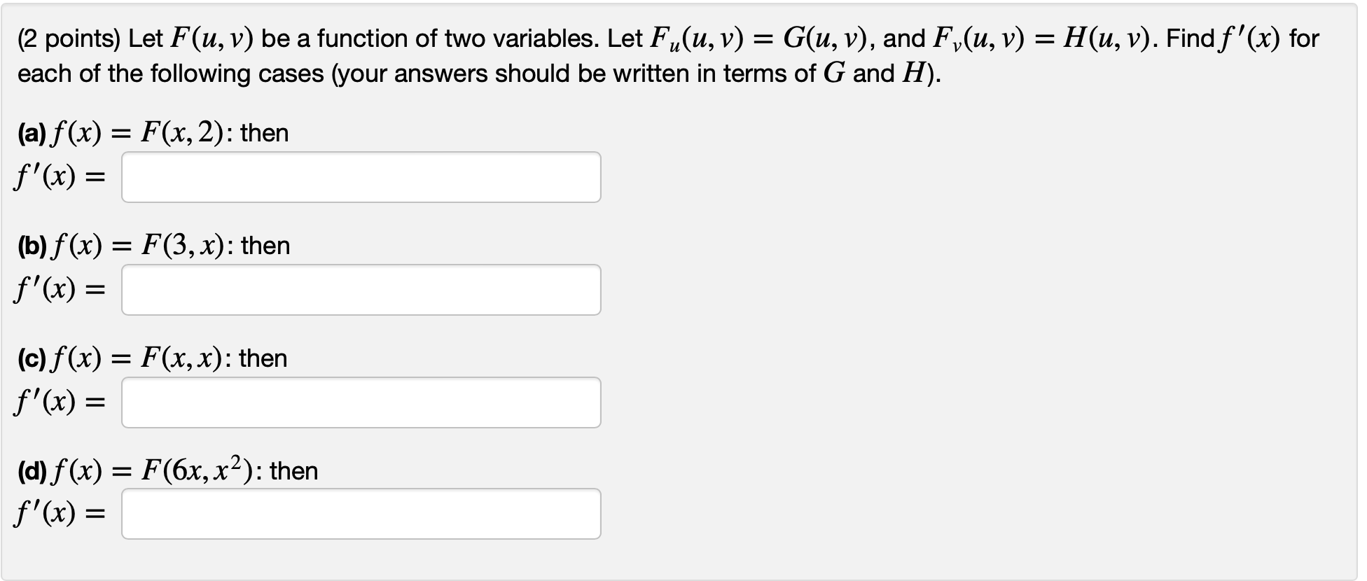 Solved (2 points) Let F(u,v) be a function of two variables. | Chegg.com