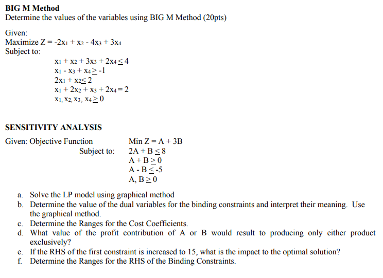 Solved BIG M Method Determine the values of the variables | Chegg.com