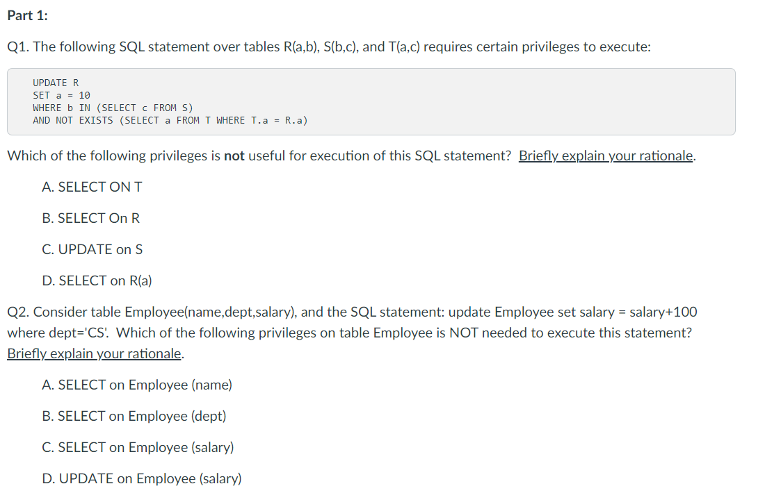 Solved Q1. The following SQL statement over tables | Chegg.com