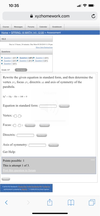Solved 10:35 令- a xyzhomework.com Home> SPRING 19 MATH 141 | Chegg.com