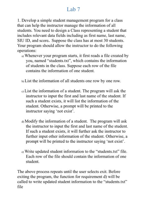 Solved Lab 7 1. Develop a simple student management program | Chegg.com