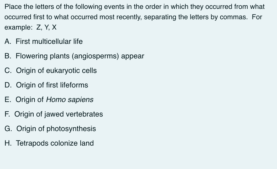 Solved Place the letters of the following events in the | Chegg.com
