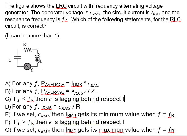 Solved The figure shows the LRC circuit with frequency | Chegg.com