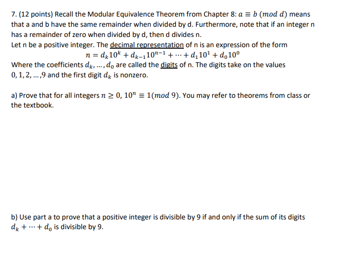 Solved 7. (12 points) Recall the Modular Equivalence Theorem | Chegg.com