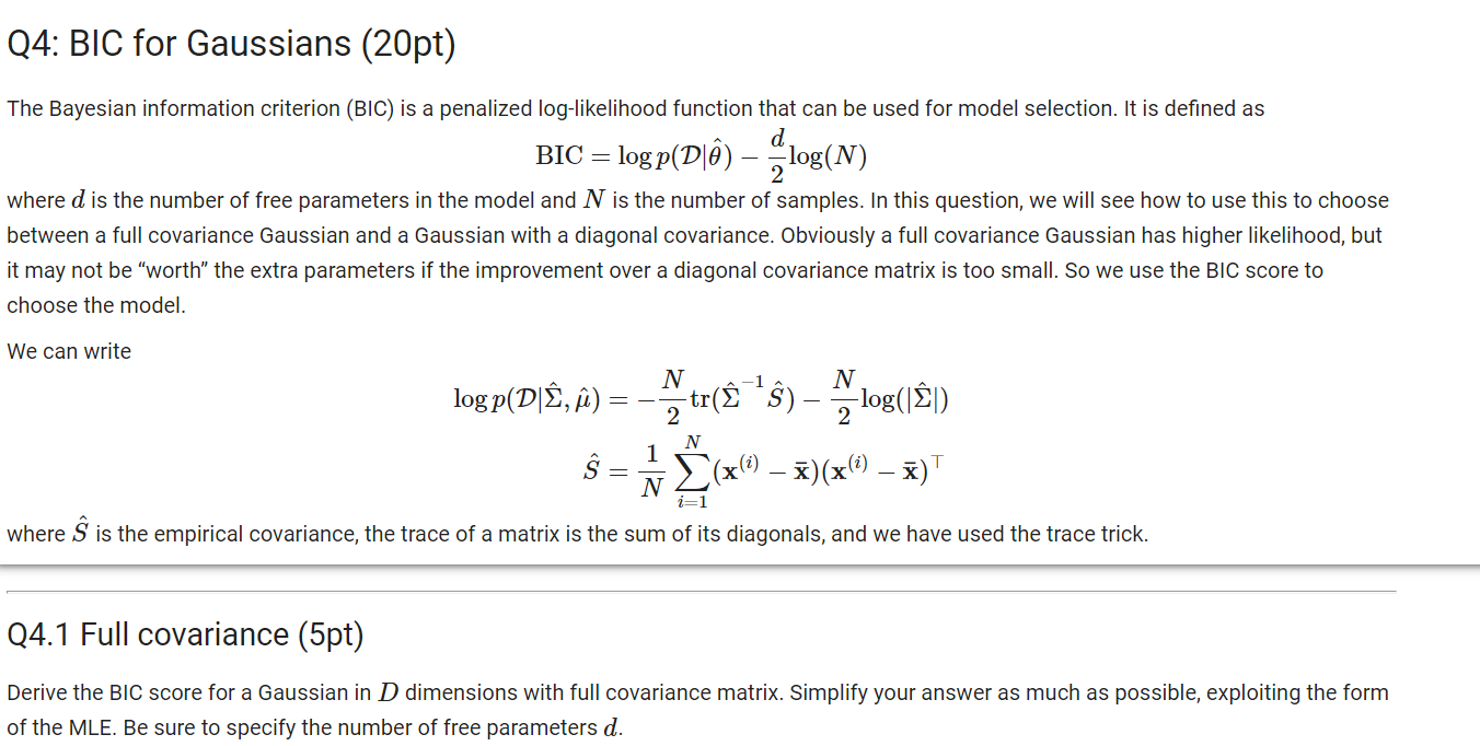 Q4: BIC for Gaussians (20pt) The Bayesian information | Chegg.com