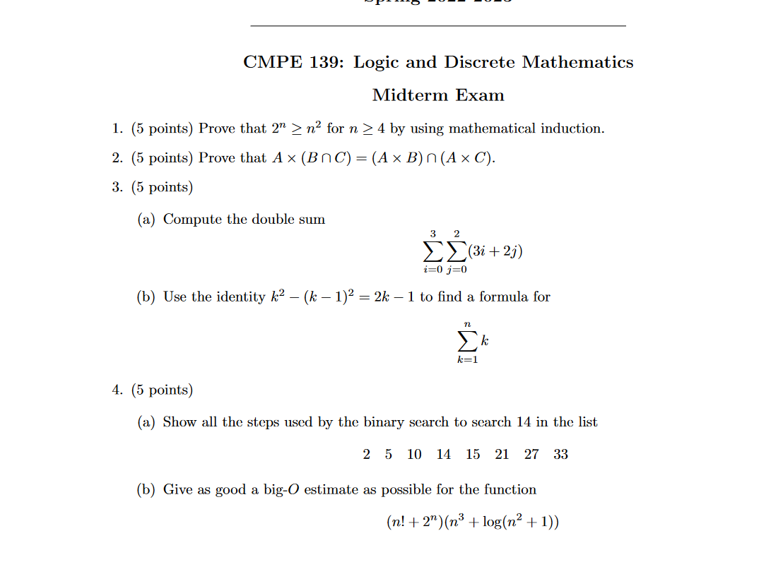 Solved (5 points) Prove that 2n≥n2 for n≥4 by using | Chegg.com
