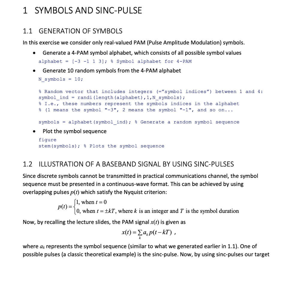 1 SYMBOLS AND SINC-PULSE 1.1 GENERATION OF SYMBOLS In | Chegg.com