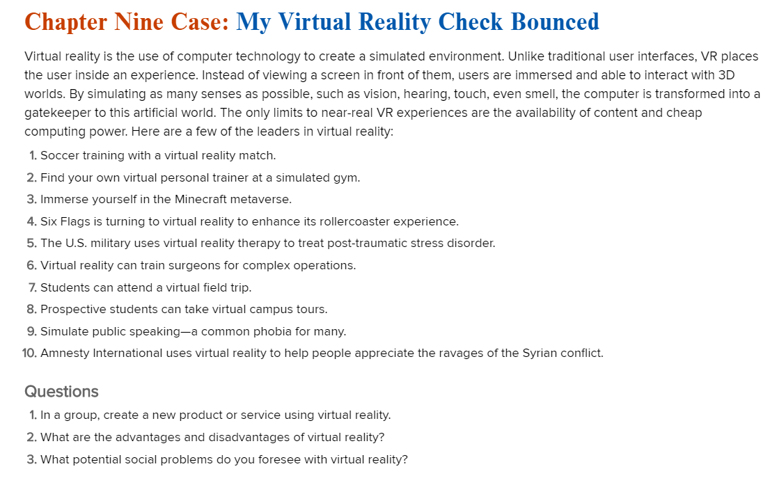 Solved Chapter Nine Case: My Virtual Reality Check Bounced | Chegg.com
