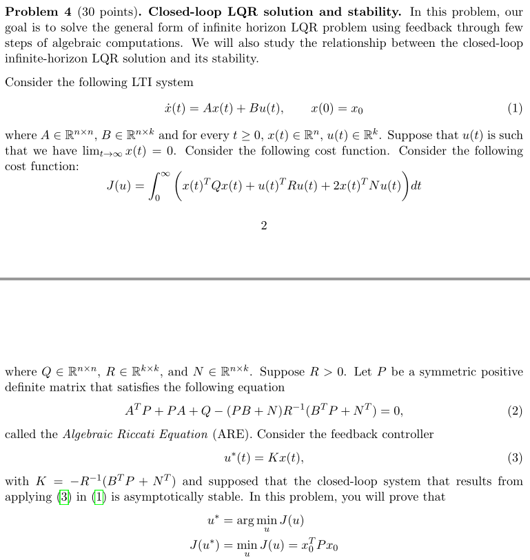 Problem 4 (30 points). Closed-loop LQR solution and | Chegg.com