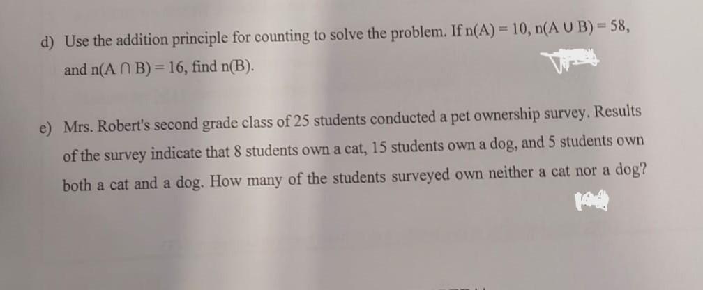 Solved d) Use the addition principle for counting to solve | Chegg.com