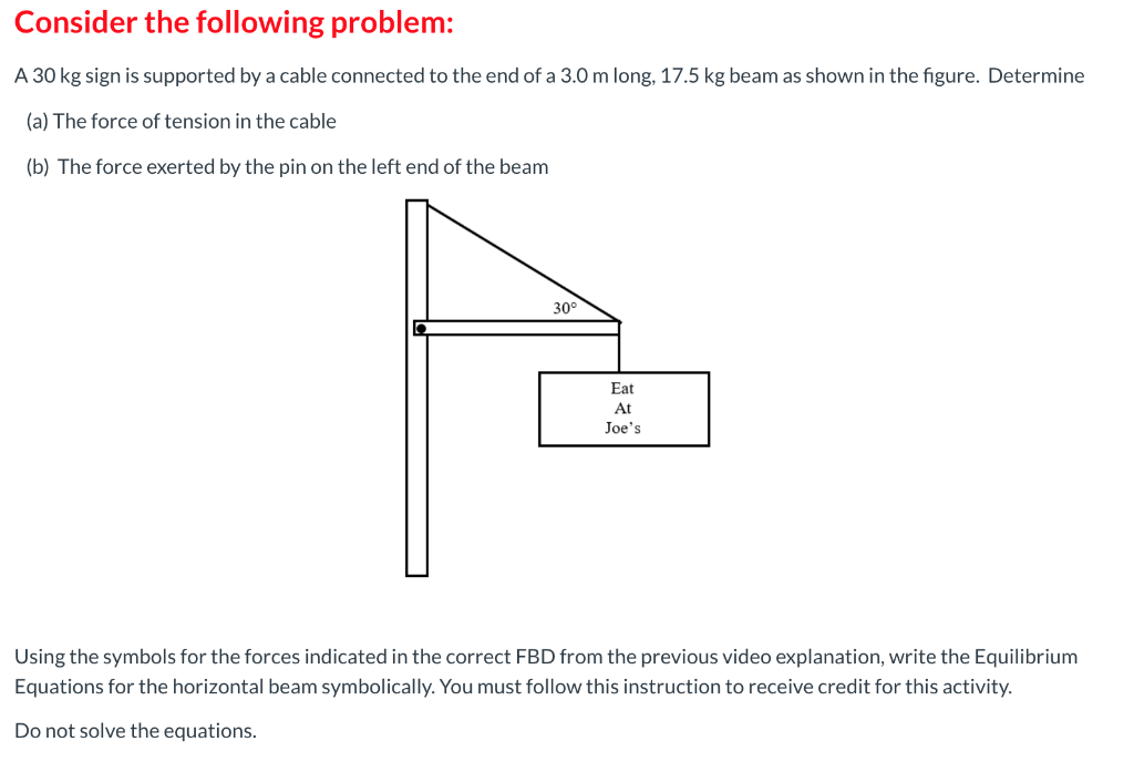 Solved Consider the following problem: A 30 kg sign is | Chegg.com