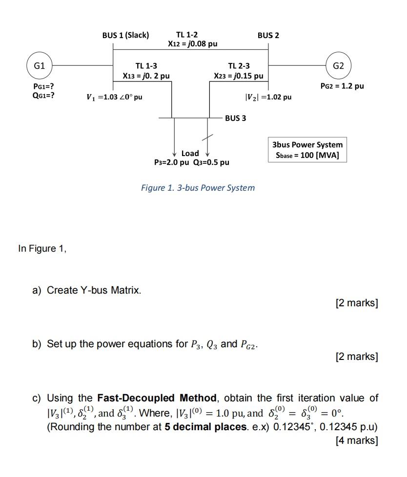 Figure 1, a) Create Y-bus Matrix. [2 marks] b) Set up | Chegg.com