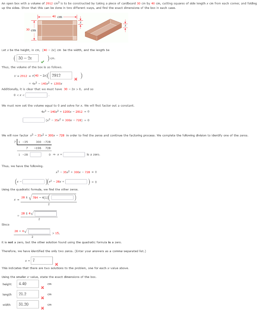 Solved An open box with a volume of 2912 cm3 is to be | Chegg.com