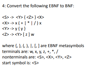 Solved 4: Convert the following EBNF to BNF: -> { } | Chegg.com
