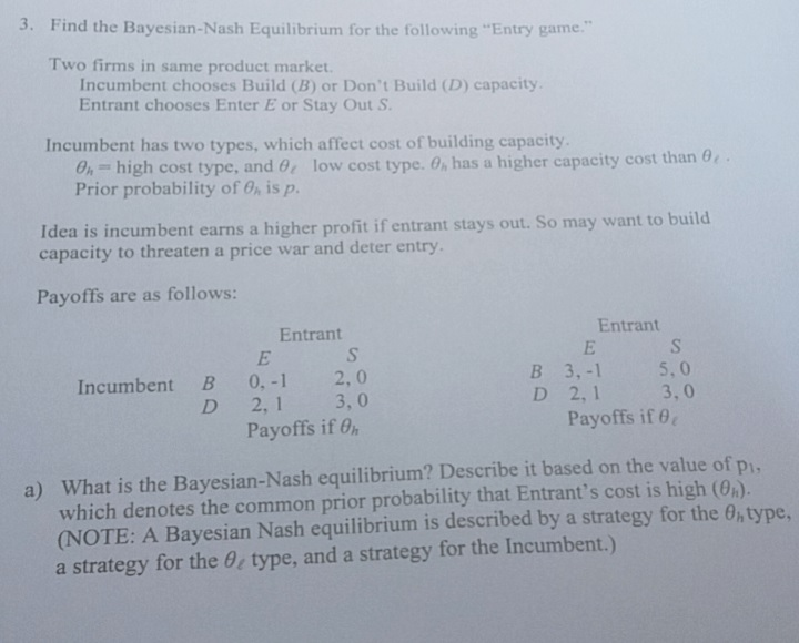 Solved 3. Find the Bayesian-Nash Equilibrium for the | Chegg.com
