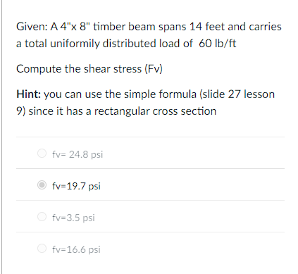 Solved Given: A 4"x 8'' ﻿timber beam spans 14 ﻿feet and | Chegg.com