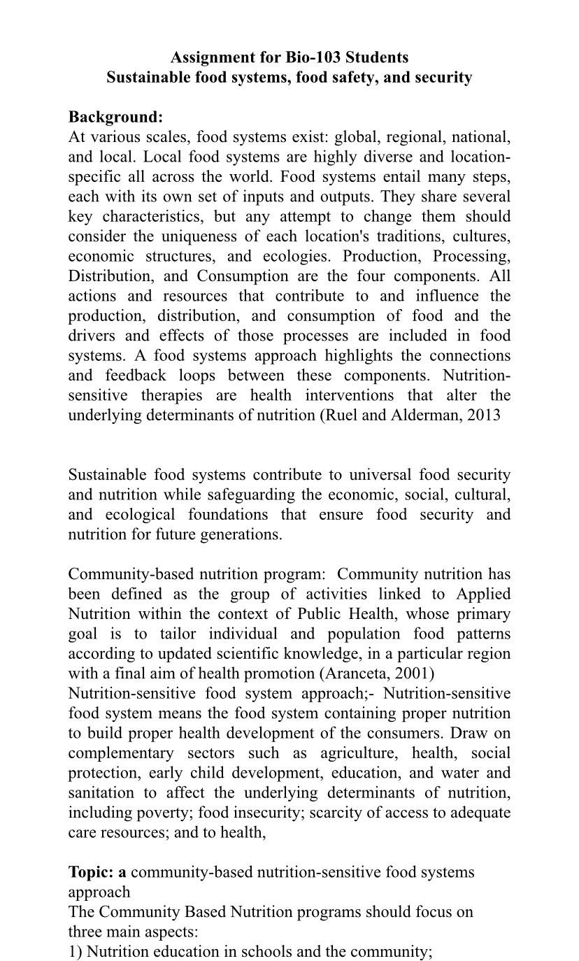 Solved Assignment for Bio-103 Students Sustainable food | Chegg.com