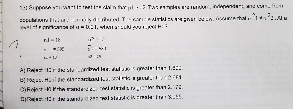 Solved 13) Suppose you want to test the claim that u1 2. Two | Chegg.com