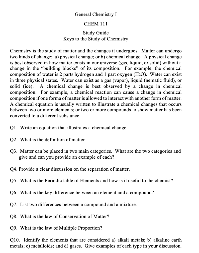Solved General Chemistry I CHEM 111 Study Guide Keys to the | Chegg.com