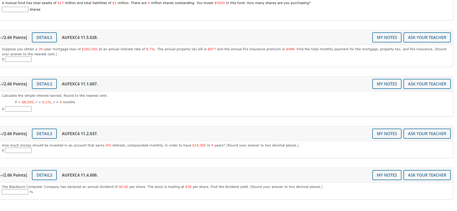 Solved shares −/2.66 Points] AUFEXC4 11.5.028. your answer | Chegg.com