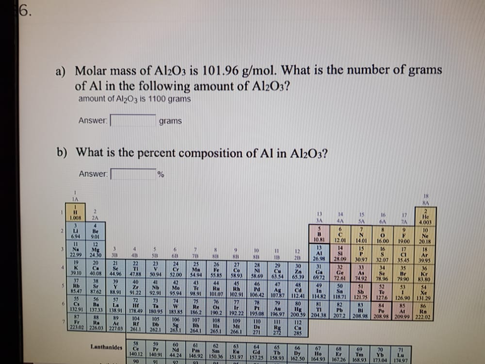 Solved 6. a) Molar mass of Al2O3 is 101.96 g/mol. What is | Chegg.com