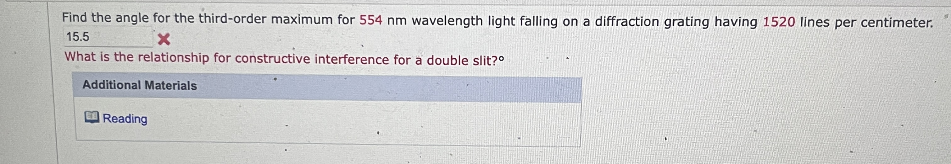 Solved Find the angle for the third-order maximum for 554 nm | Chegg.com