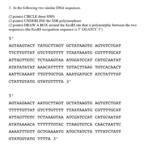 Solved 3. In the following two similar DNA sequences (2 | Chegg.com