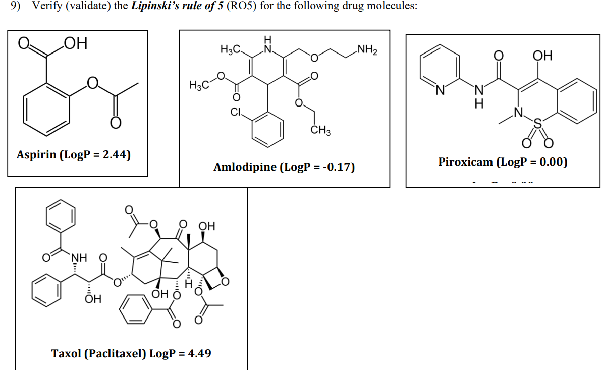 Solved 9) Verify (validate) the Lipinski's rule of 5 (RO5) | Chegg.com