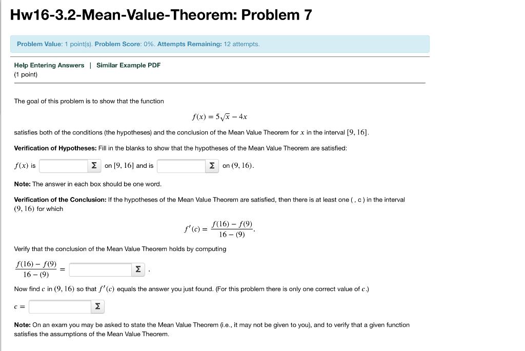 Solved Hw16-3.2-Mean-Value-Theorem: Problem 7 Problem Value: | Chegg.com