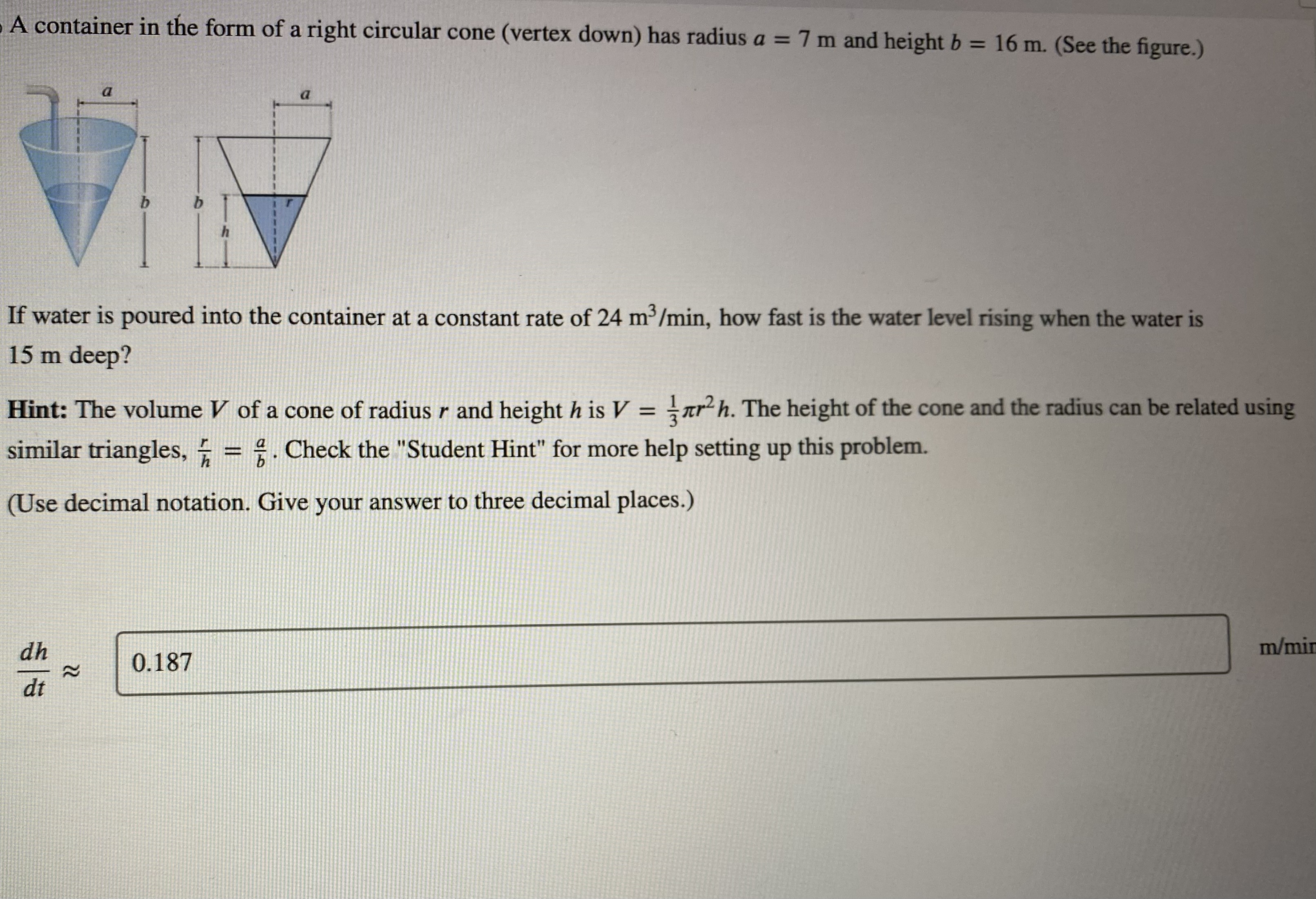 Solved A container in the form of a right circular cone | Chegg.com
