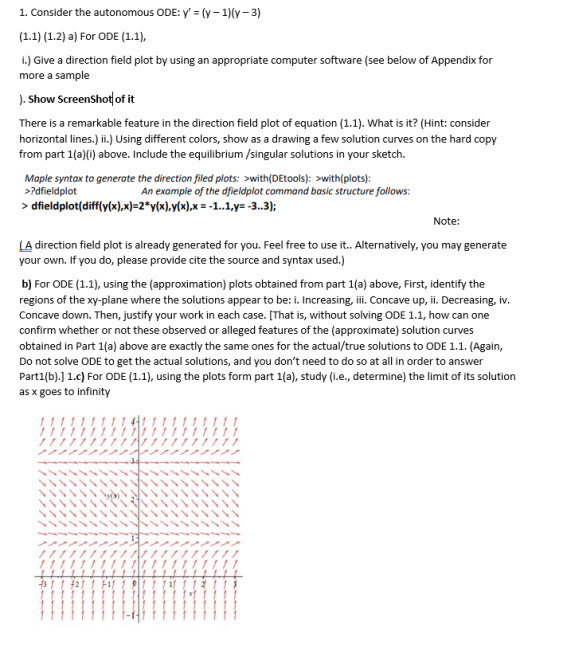 1. Consider the autonomous ODE: y' = (v-1)(y-3) (1.1) | Chegg.com