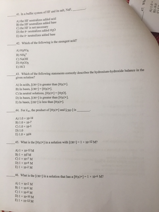 Solved 41. In a buffer system oHF and its salt, NaF, A) the | Chegg.com