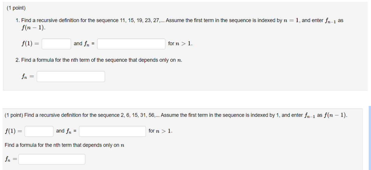 Solved (1 point) 1. Find a recursive definition for the | Chegg.com