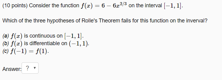 Solved (10 points) Consider the function f(x) = 6 – 6x2/3 on | Chegg.com