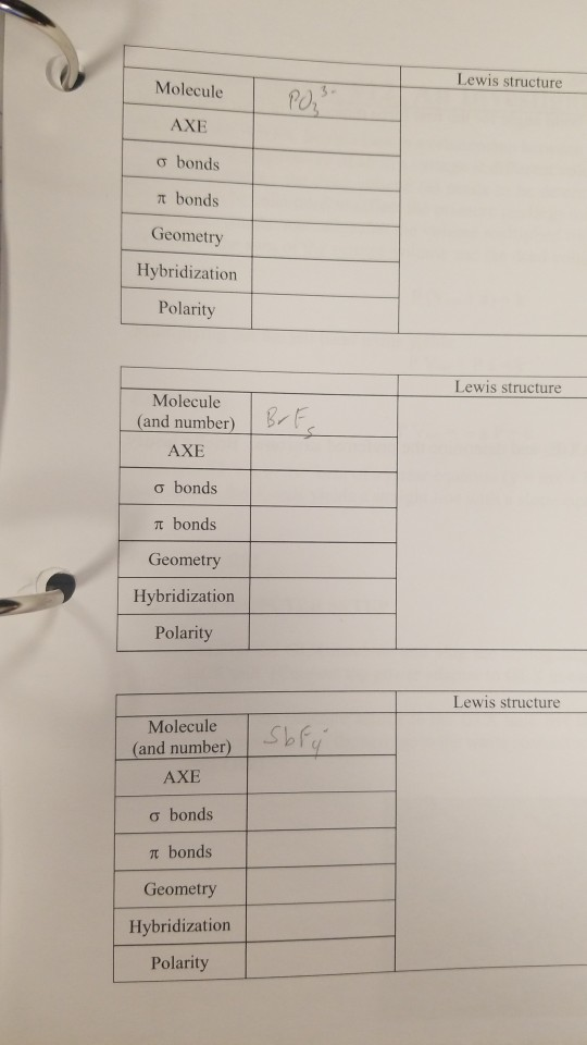Solved Lewis structure Molecule ! Sp AXE σ bonds t bonds | Chegg.com