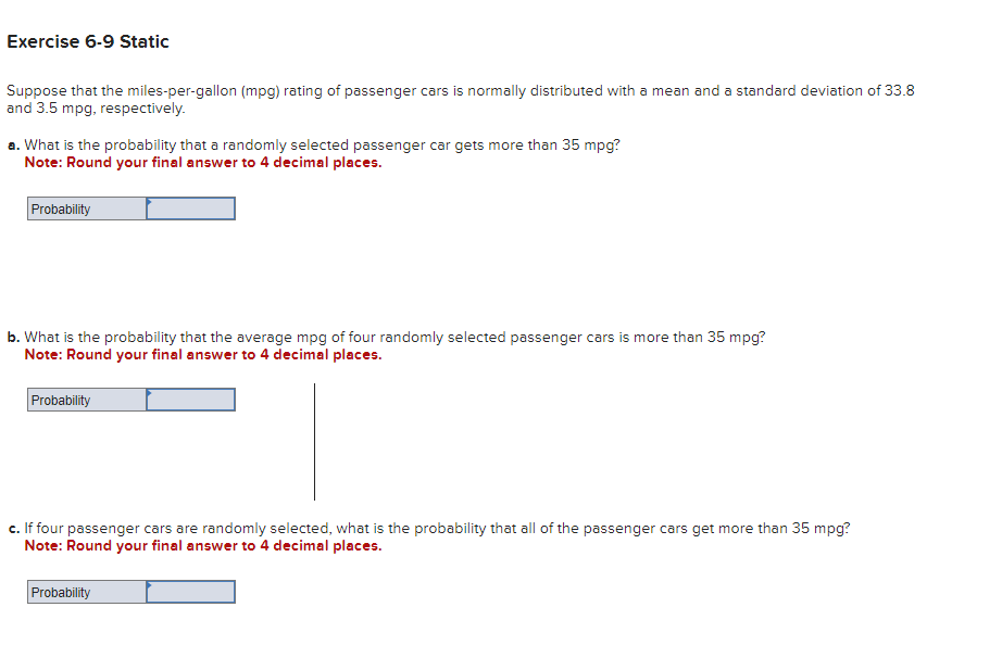Solved Exercise 6-9 Static Suppose that the miles-per-gallon | Chegg.com