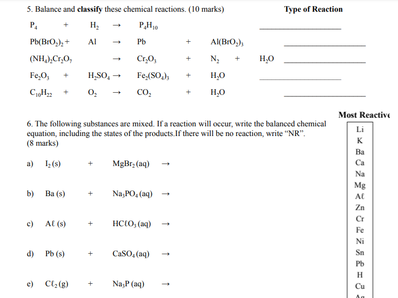 Solved Type of Reaction 5. Balance and classify these | Chegg.com