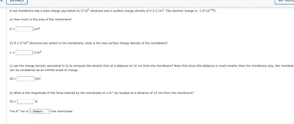 Solved IVI NU A cell membrane has a total charge equivalent | Chegg.com