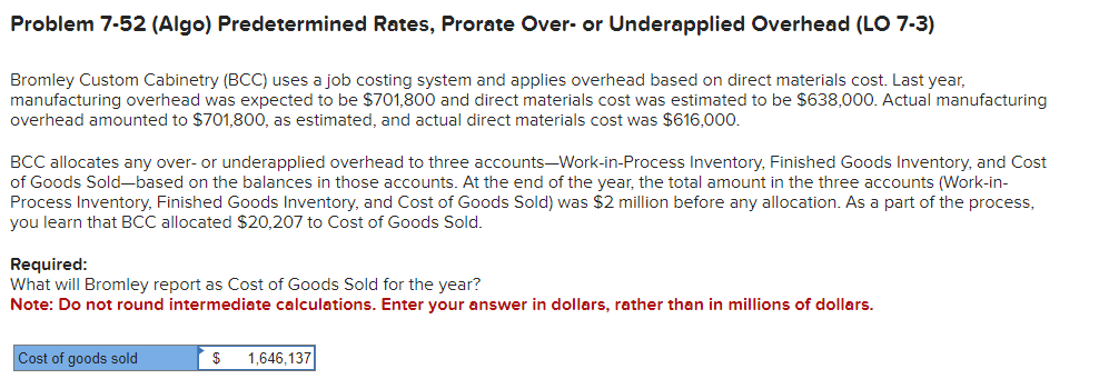 Solved Problem 7-52 (Algo) Predetermined Rates, Prorate | Chegg.com