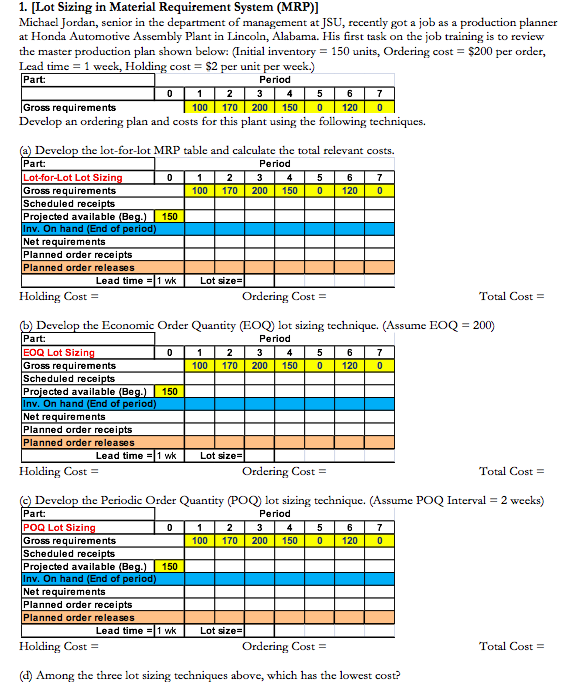 1. [Lot Sizing in Material Requirement System (MRP)] | Chegg.com
