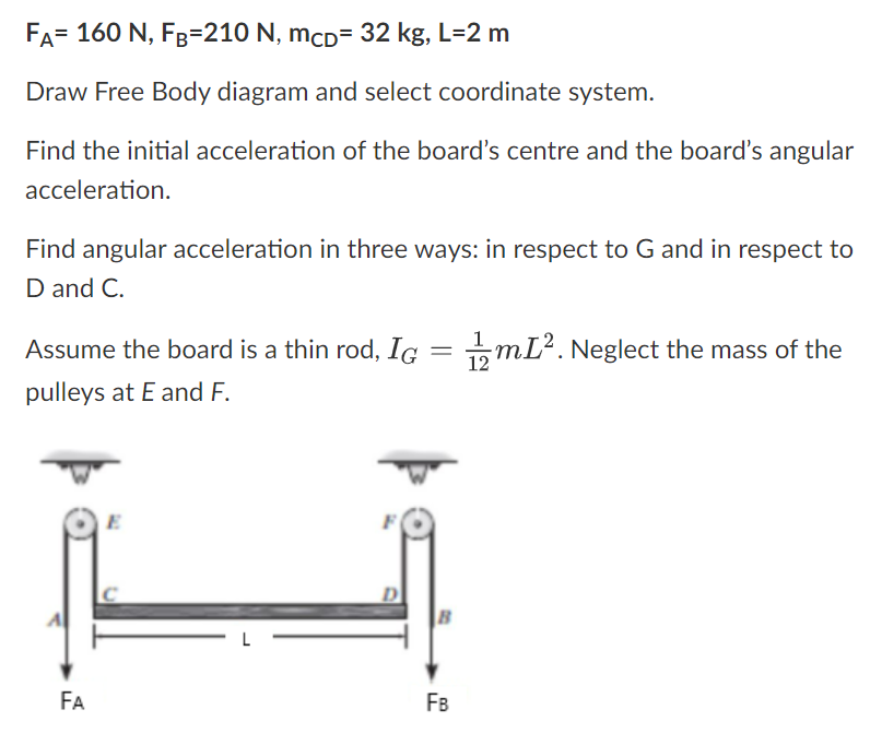 Solved FA=160 N, FB=210 N, mCD=32 kg, L=2 m Draw Free Body | Chegg.com