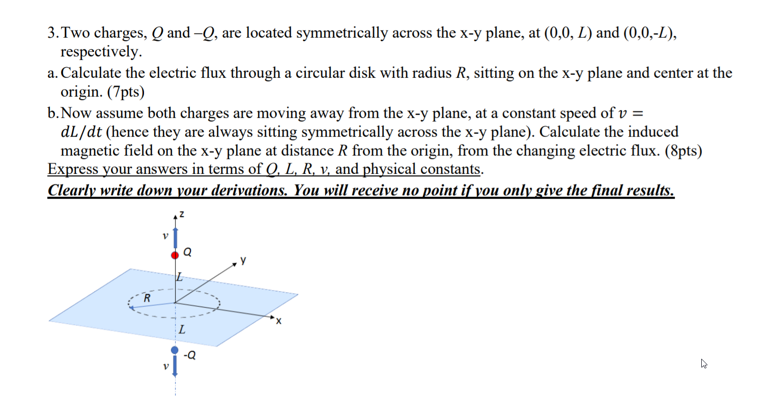 Solved 3.Two charges, Q and -Q, are located symmetrically | Chegg.com